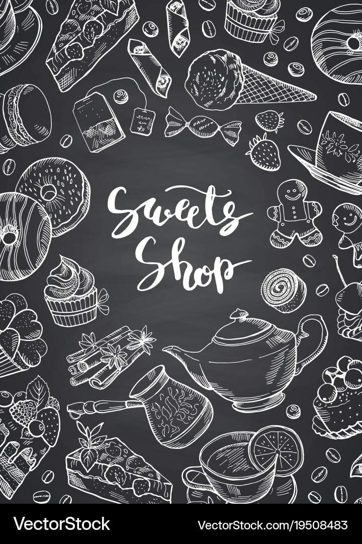 Hand drawn contoured sweets on chalkboard Vector Image