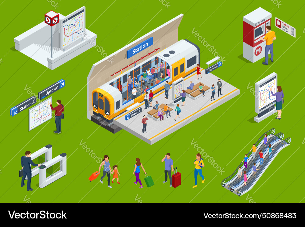 Isometric set subway elements turnstile ticket Vector Image