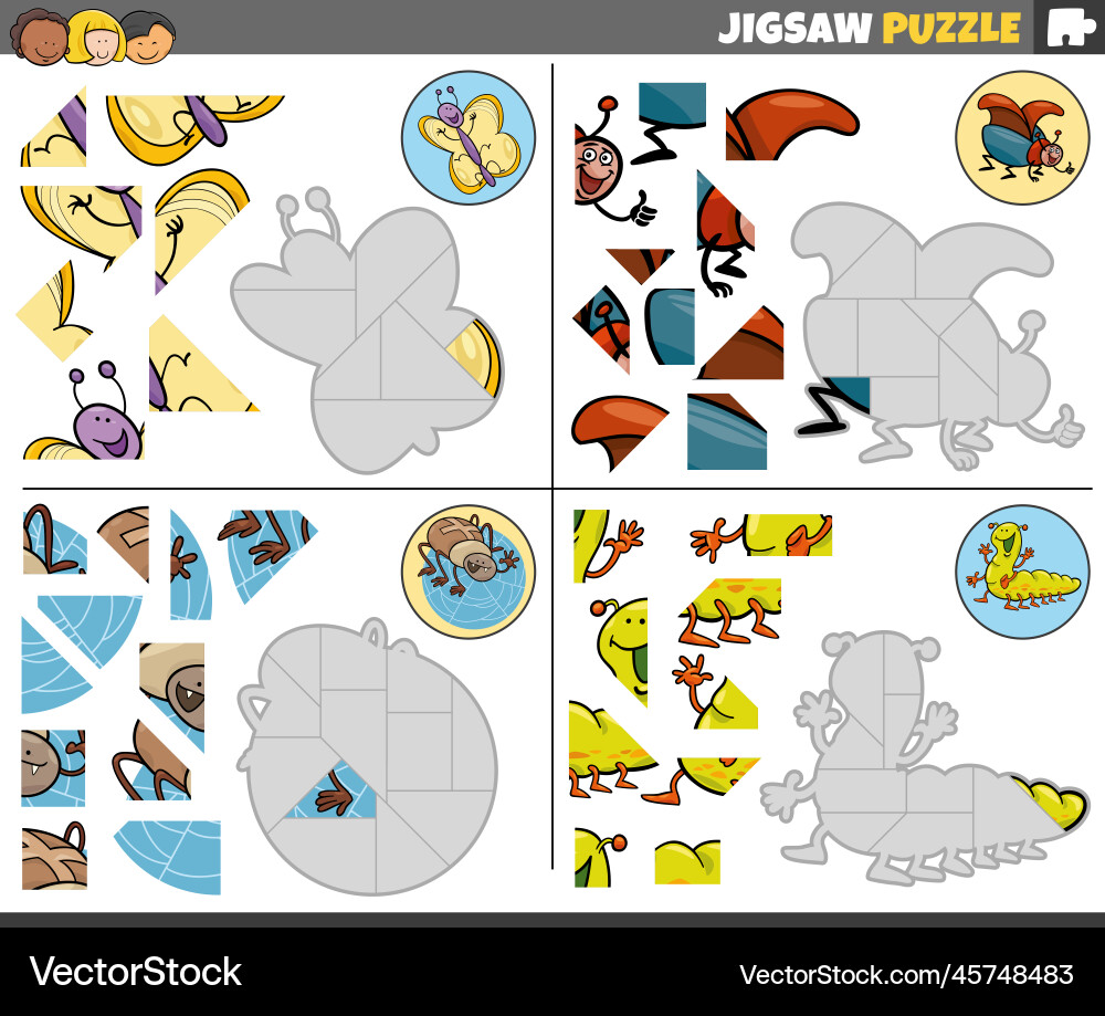 Jigsaw puzzle task with cartoon insects characters