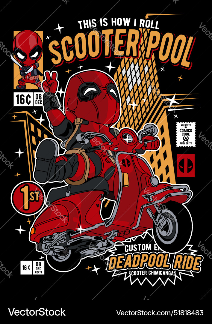 Pop art deadpool scooter Royalty Free Vector Image