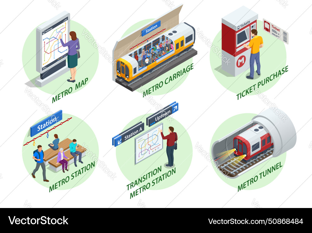 Isometric set subway elements turnstile ticket Vector Image