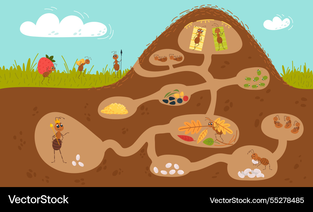 Cartoon anthill funny ants Royalty Free Vector Image