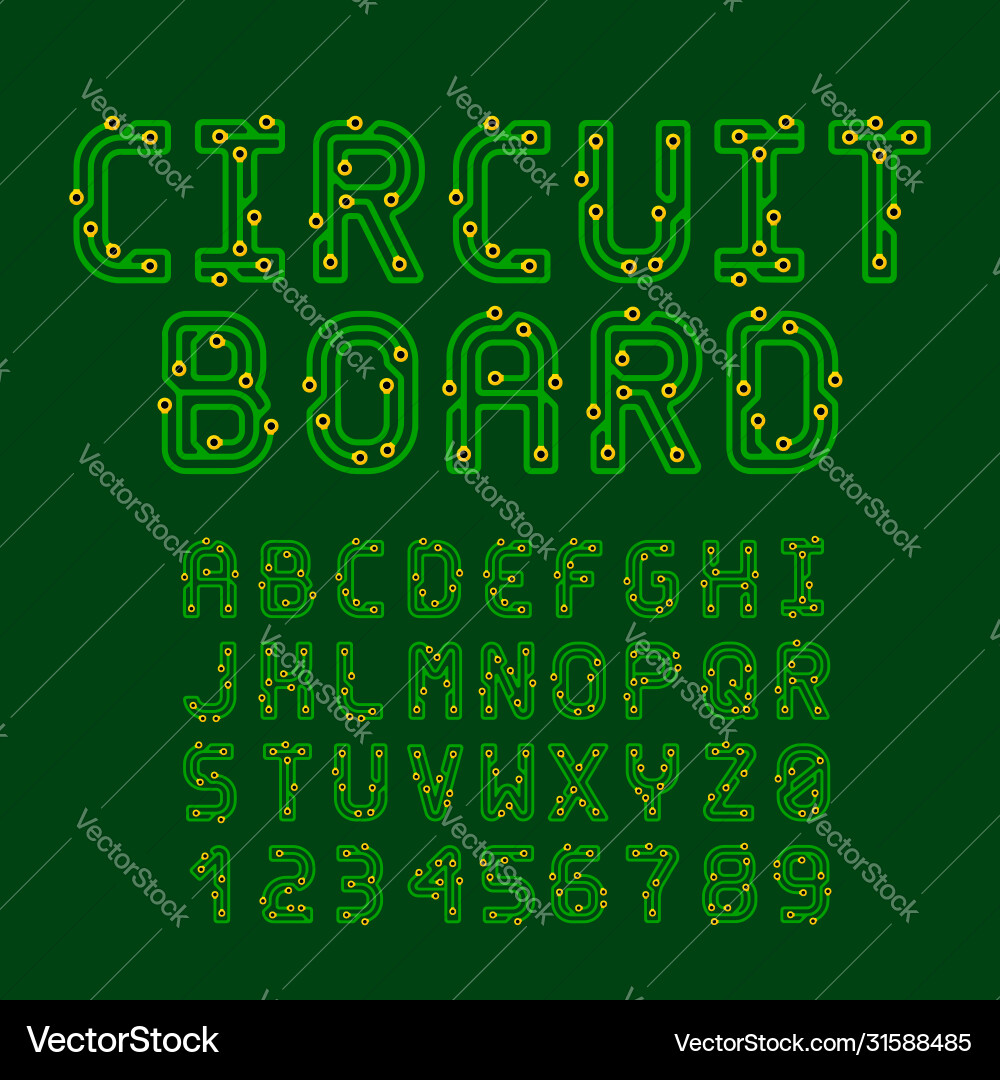 Circuit board style latin font letters Royalty Free Vector