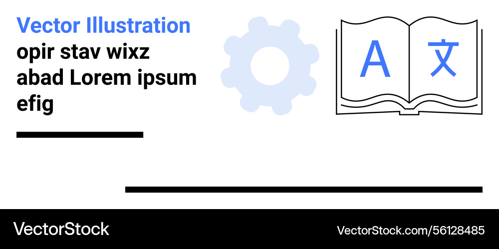 Open book with multilingual text and gear Vector Image