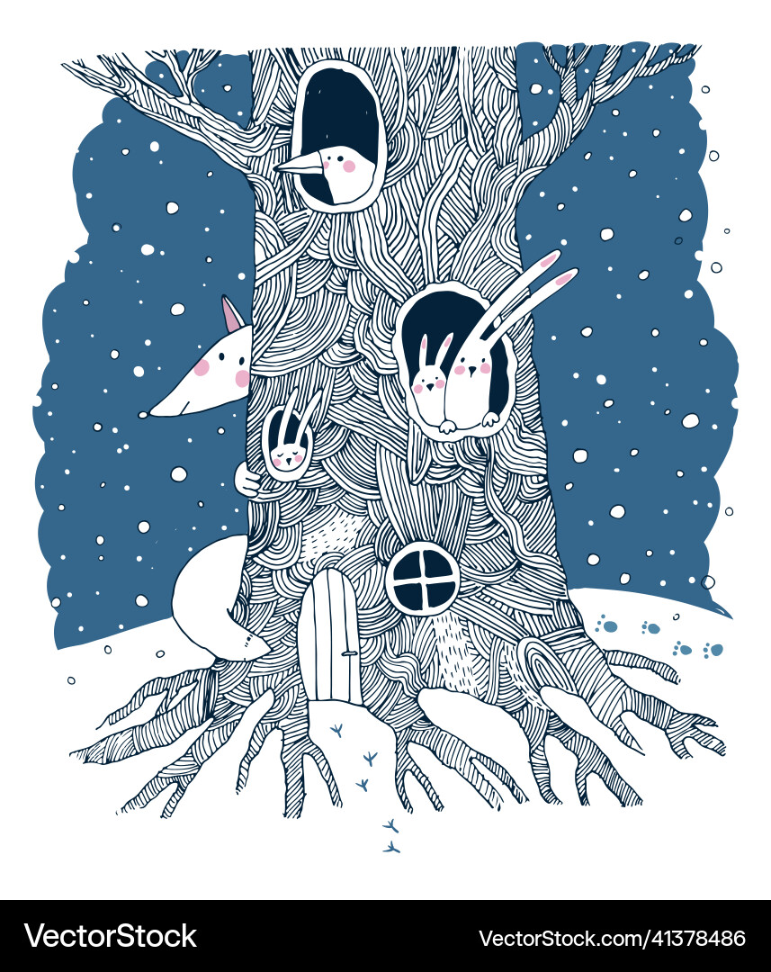 A beautiful magic tree fox and hares in hollows Vector Image