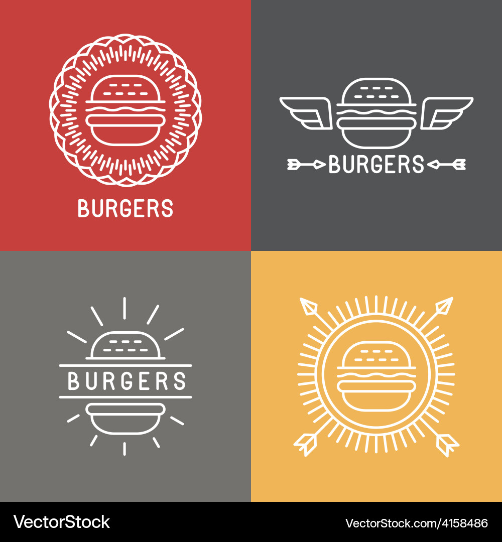 Burger logo design elements in linear style Vector Image
