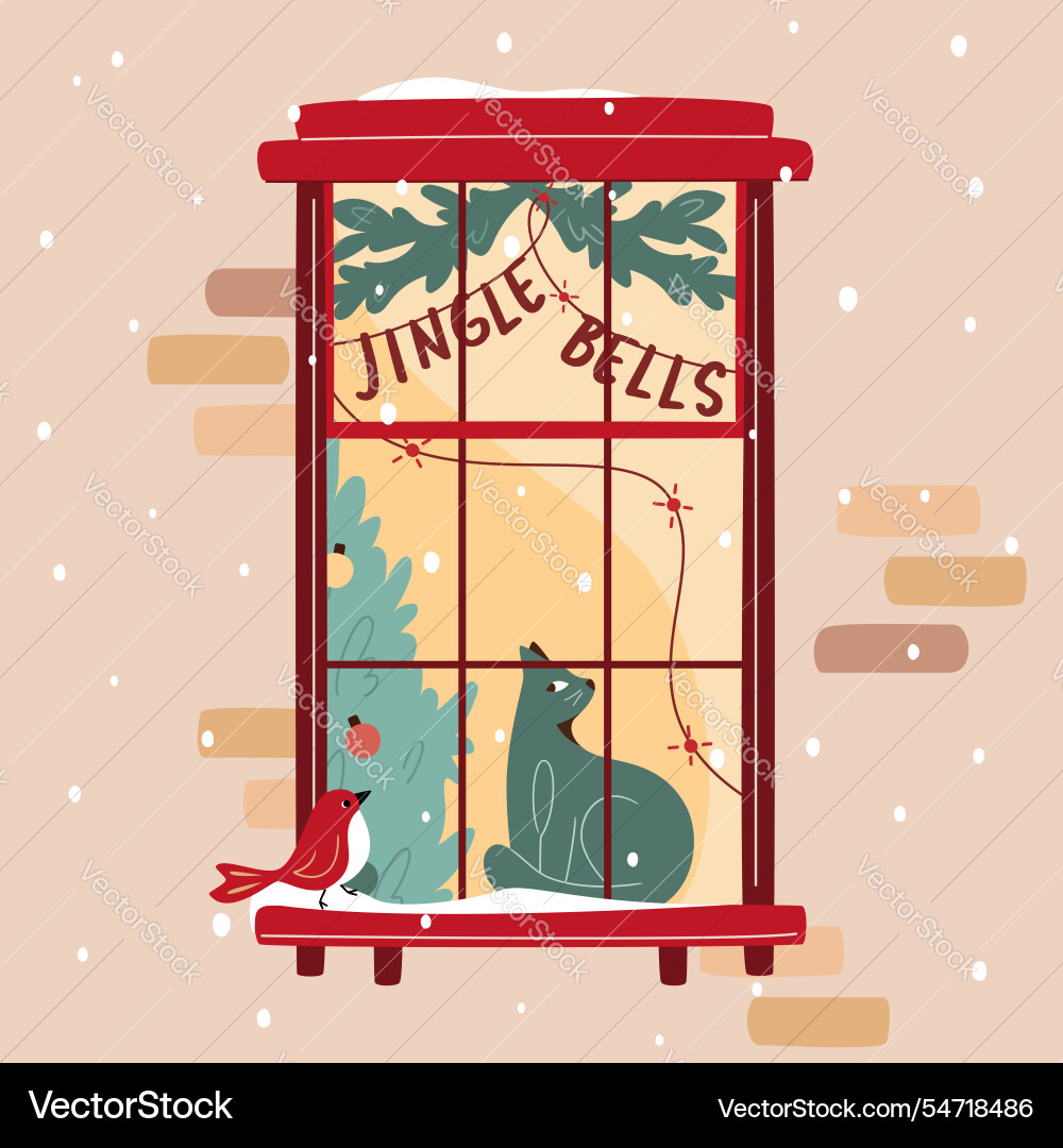 Christmas window cat sitting at windowsill Vector Image