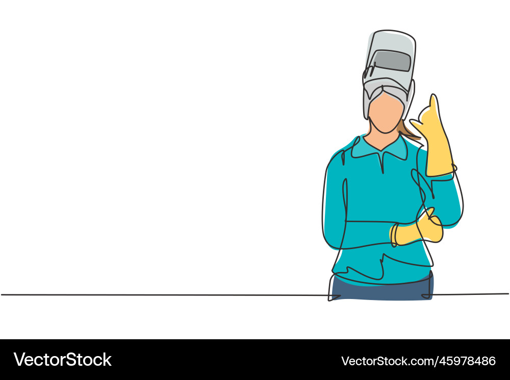 Single one line drawing female welder with call Vector Image