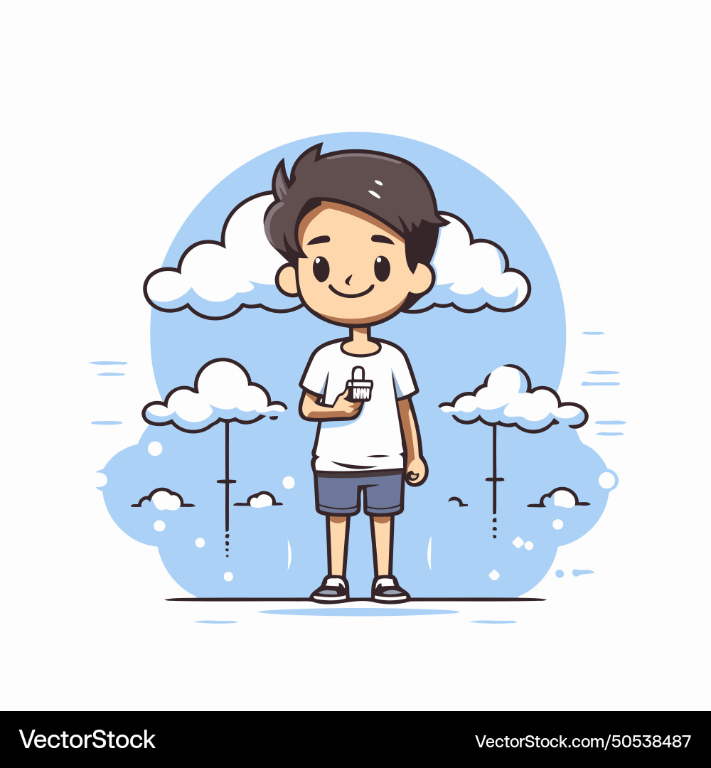 Boy with mobile phone in hand cartoon style Vector Image