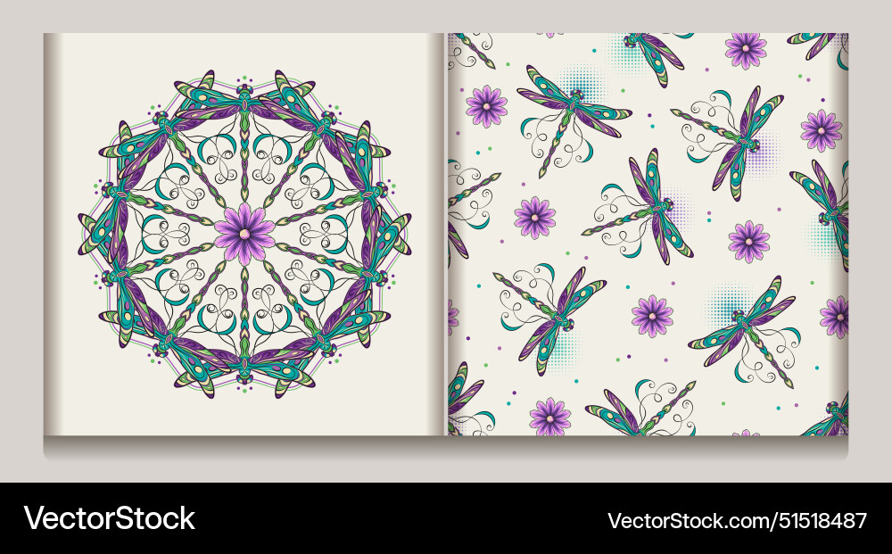 Pattern label with circular dragonfly flower Vector Image