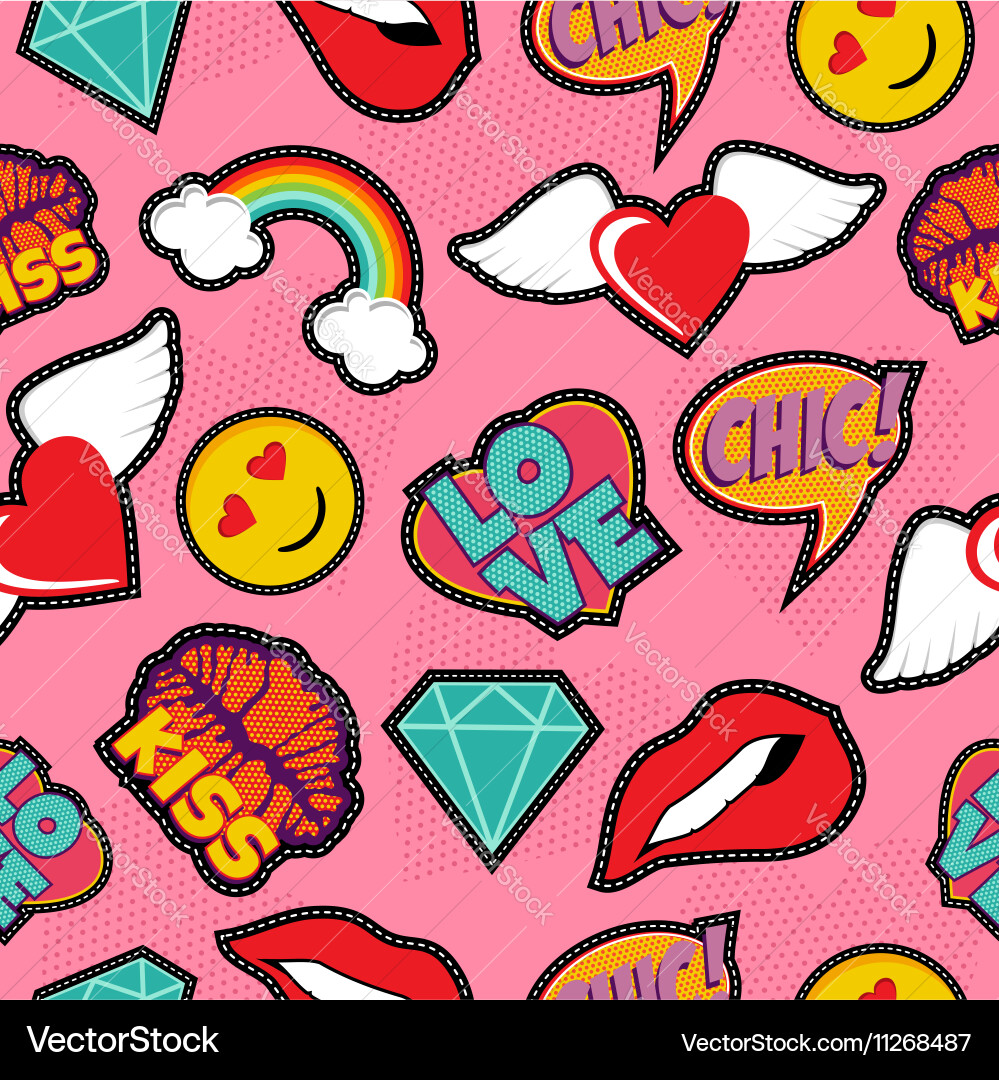 Pink pop art stitch patch seamless pattern Vector Image