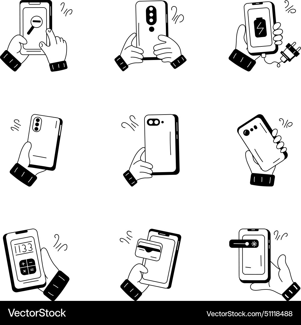 Bundle of cellular devices doodle icons Royalty Free Vector