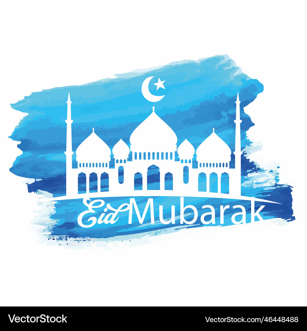 Eid mubarak with silhouette mosque blue Royalty Free Vector