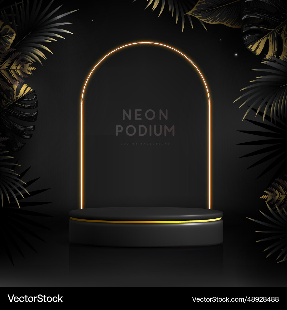 Fluorescent black neon showcase with 3d podium Vector Image