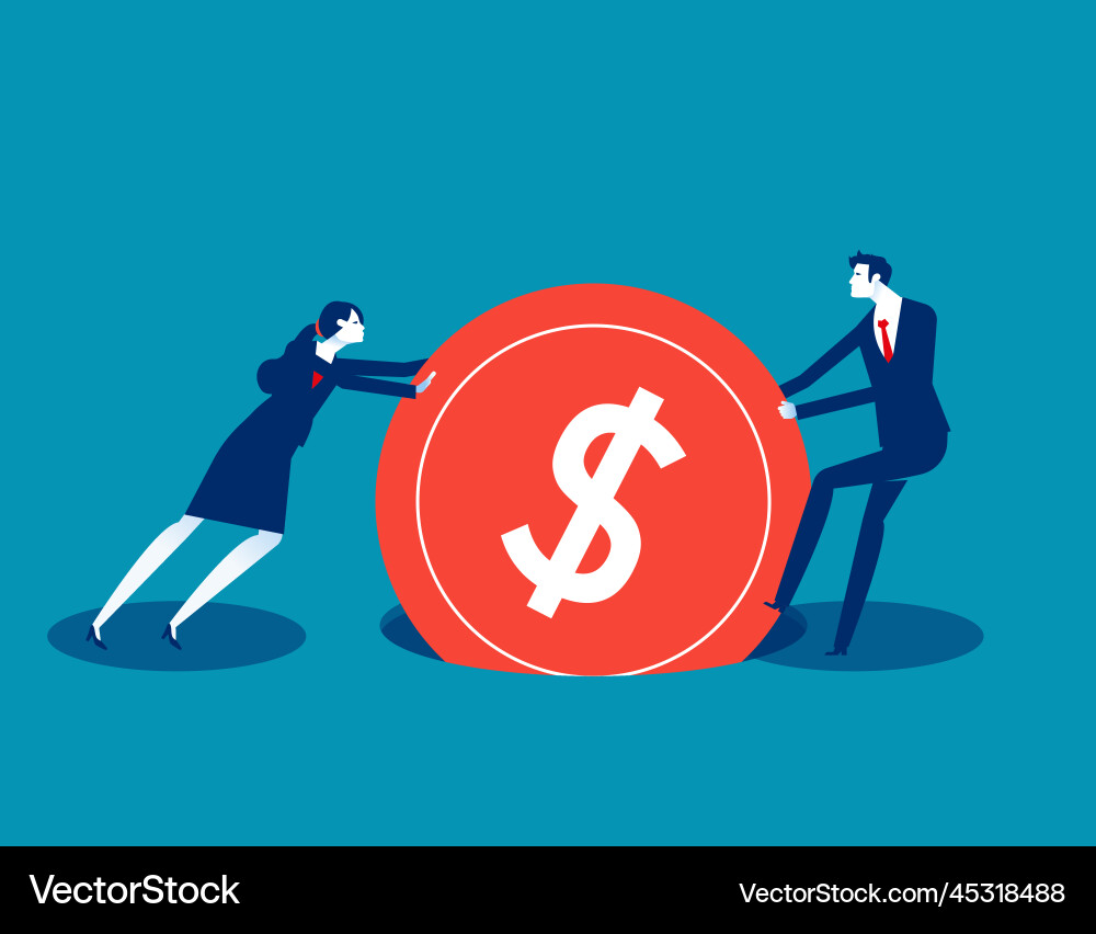Two business work hard to pull out coin stuck Vector Image