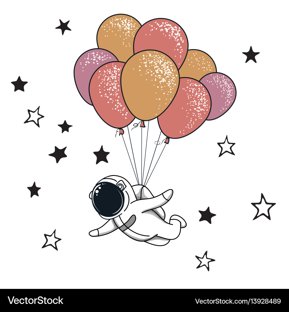 Funny spaceman fly with many balloons Royalty Free Vector