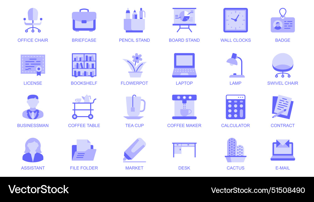 Business workspace web icons set in duotone flat Vector Image