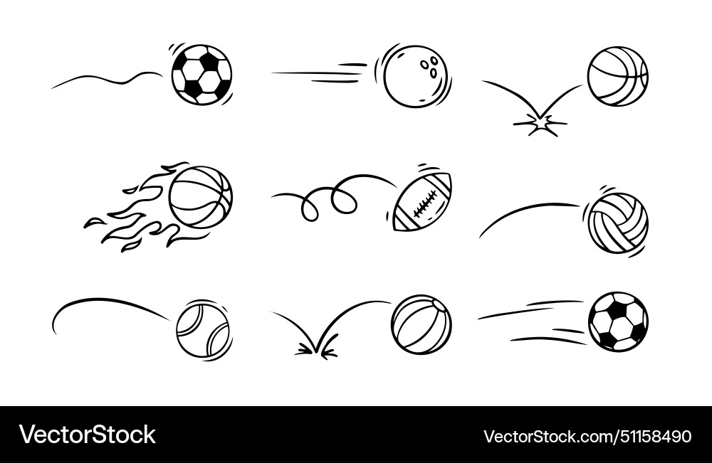 Doodle sport ball trajectory bounce collection Vector Image