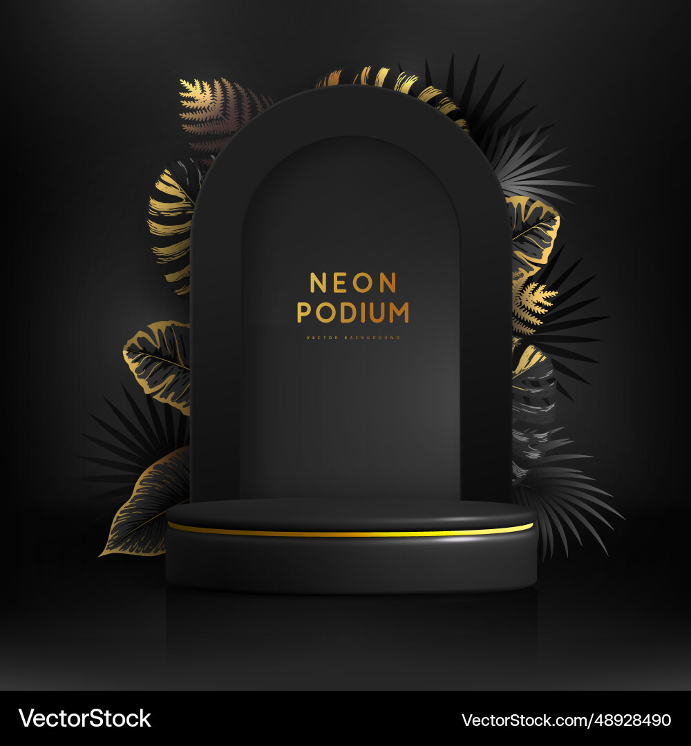 Fluorescent black neon showcase with 3d podium Vector Image