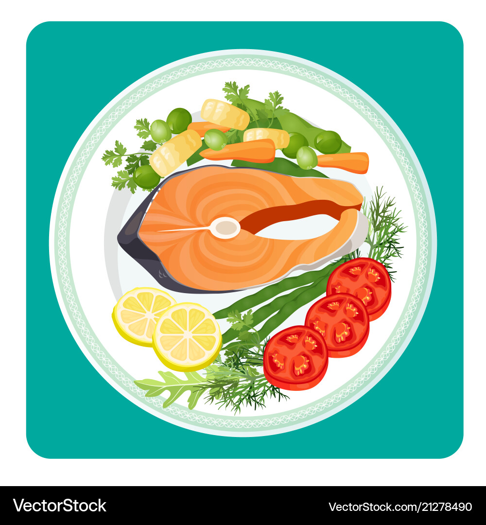 Salmon fish meat slice and vegetables Royalty Free Vector