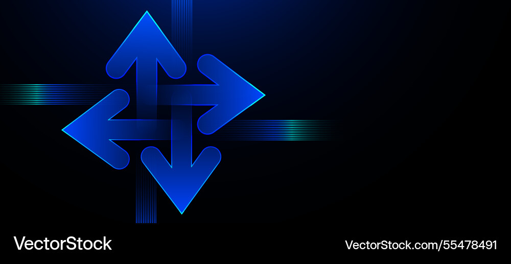 Futuristic glowing blue four-way arrow on dark Vector Image