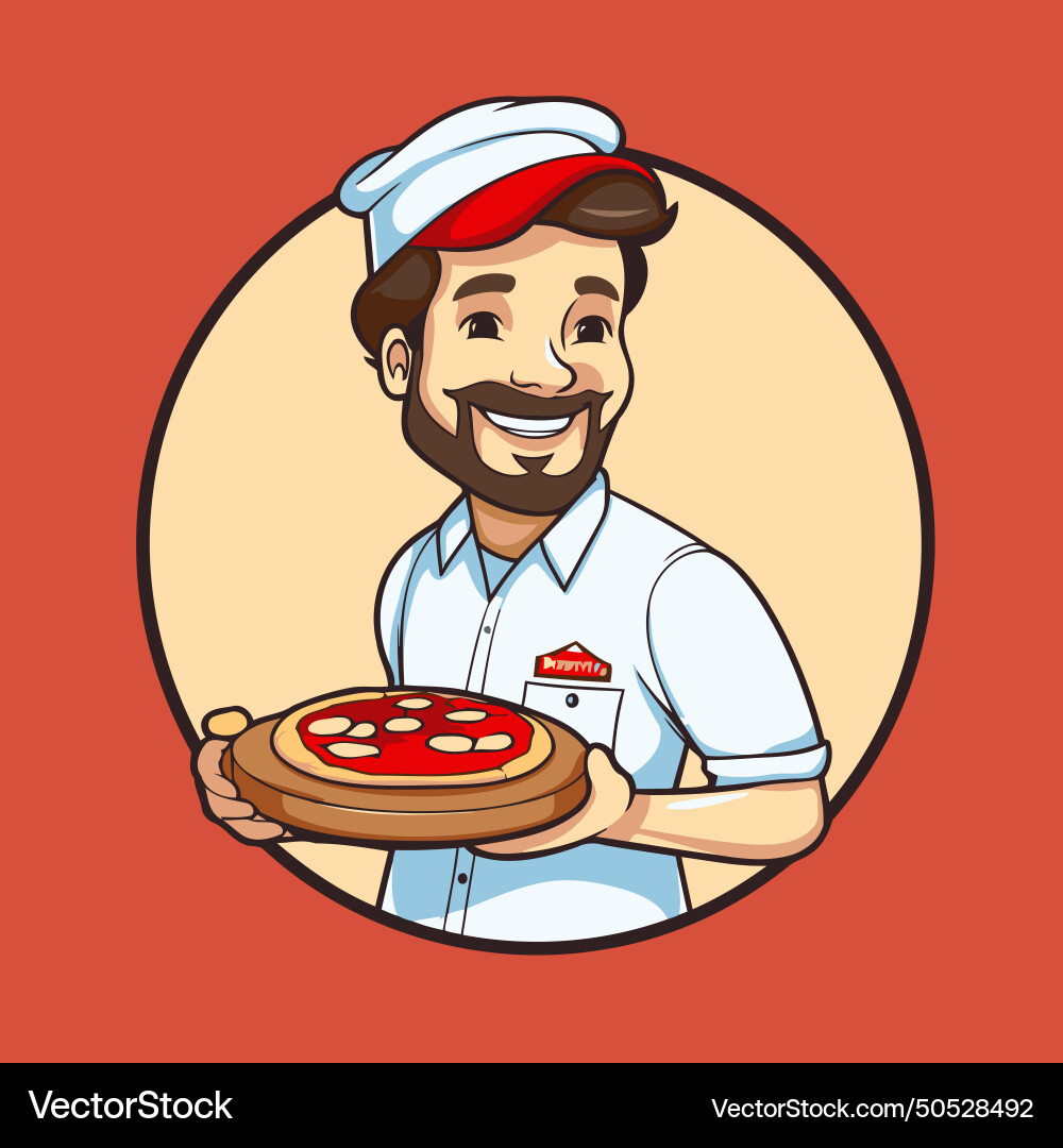 Chef holding pizza in cartoon style on red Vector Image