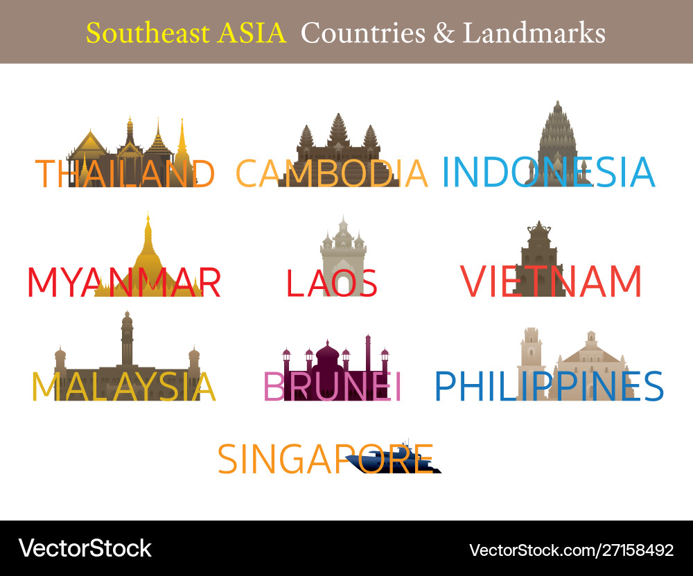 Southeast asia countries landmarks with text Vector Image