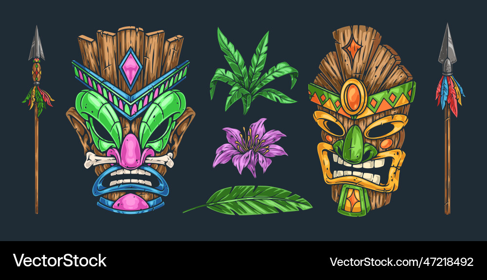 Tiki totems set sticker colorful Royalty Free Vector Image