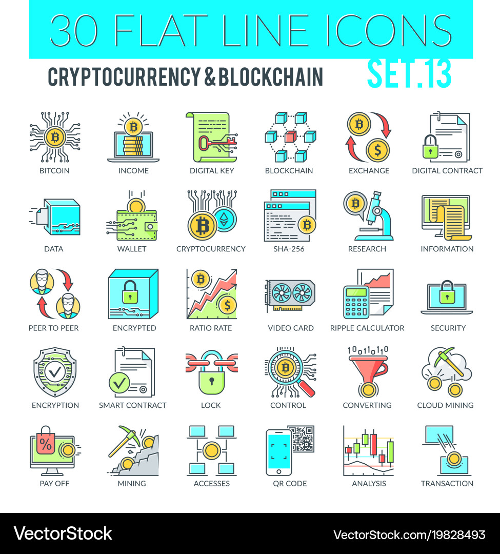 Cryptocurrency and blockchain icons Royalty Free Vector
