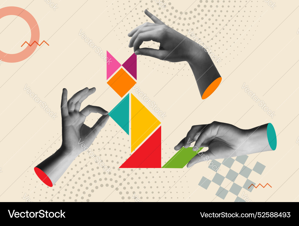 Human hands play tangram puzzle in retro collage Vector Image