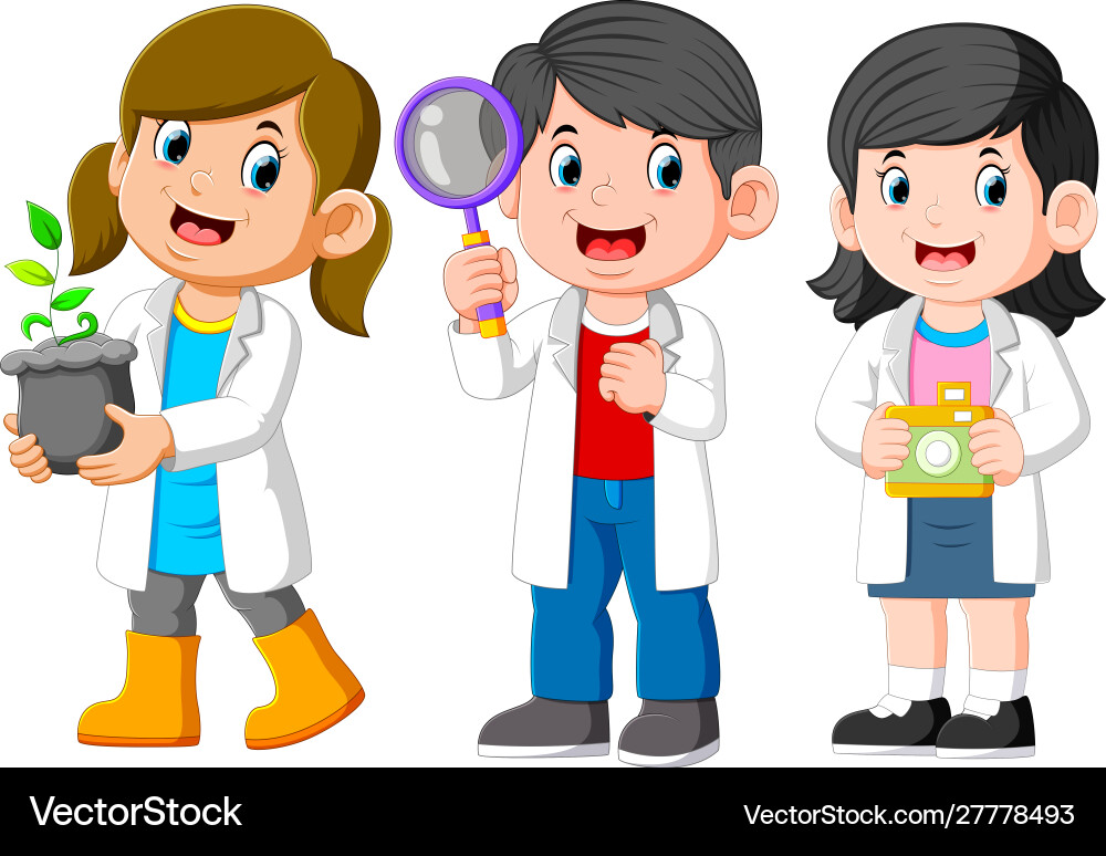 Three kids scientist wearing white laboratory Vector Image