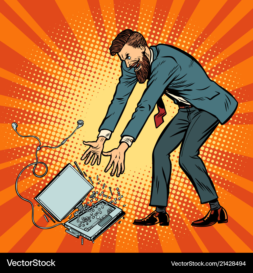 Man destroys laptop stress at work Royalty Free Vector Image