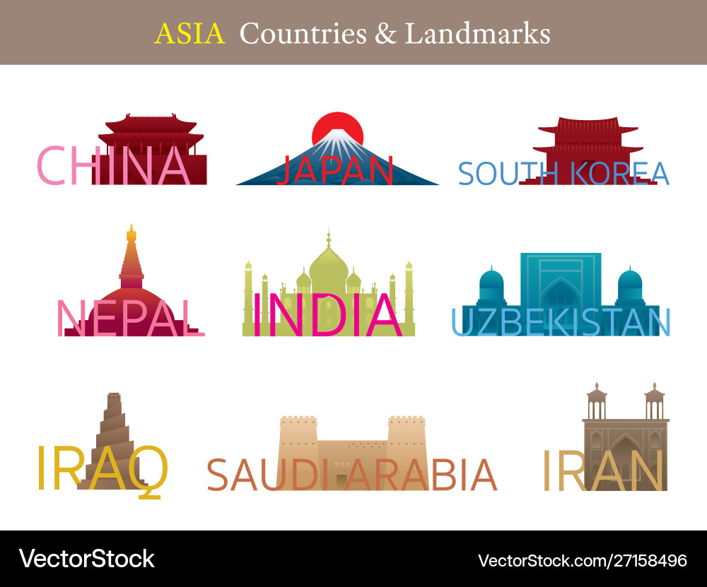 Asia countries landmarks with text or word Vector Image