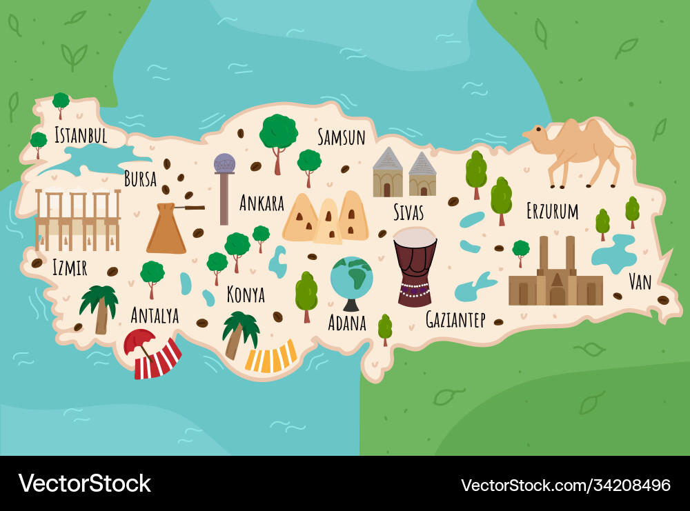 Cartoon map turkey travel Royalty Free Vector Image