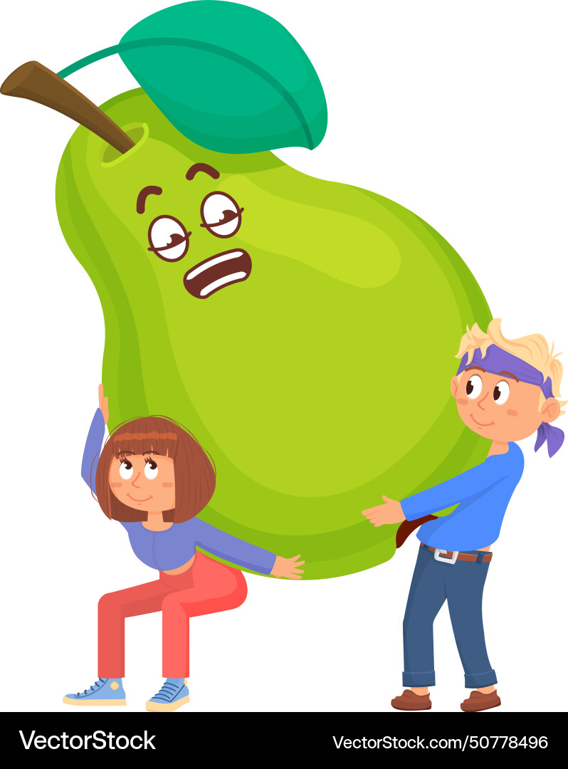 Funny kids carry big pear with face expression Vector Image