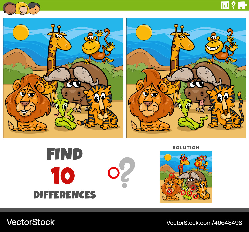 Differences task with cartoon safari animal Vector Image