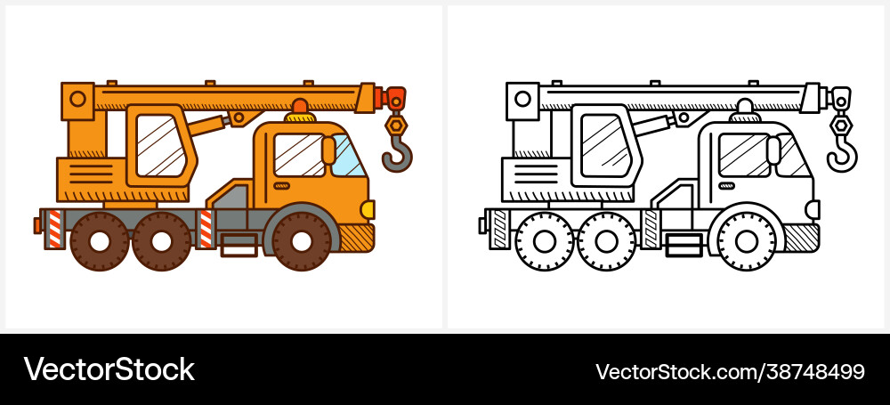 Crane truck coloring page side view Royalty Free Vector