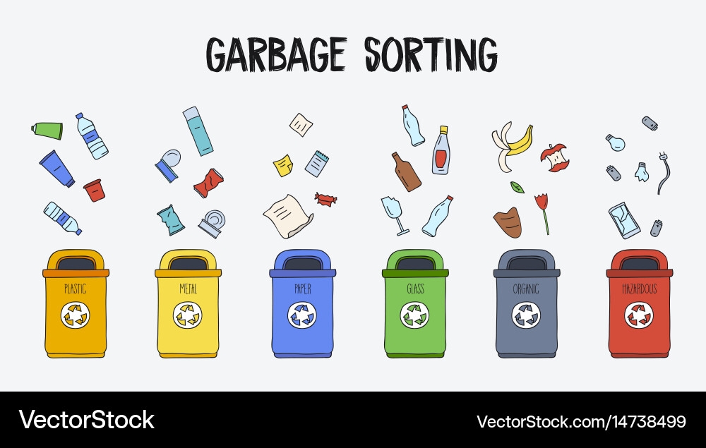 Garbage sorting concept trash cans with different Vector Image