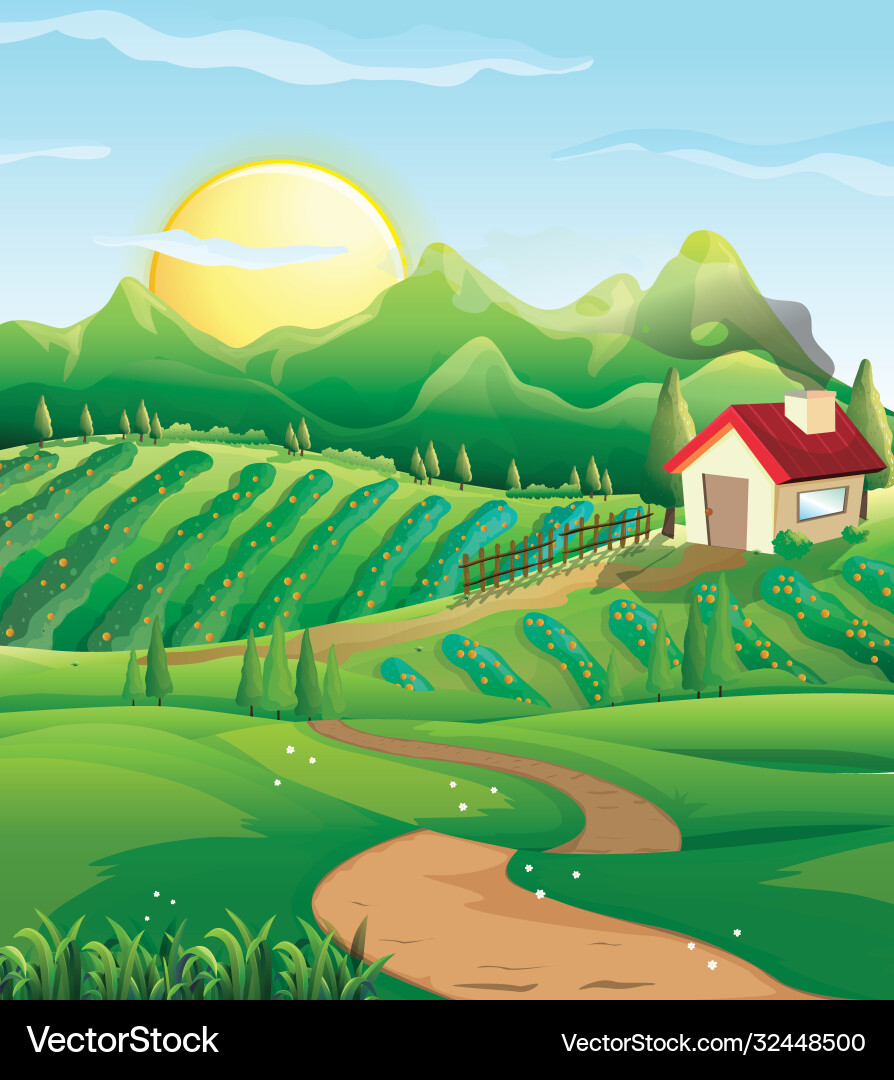 Farm scene in nature with house Royalty Free Vector Image
