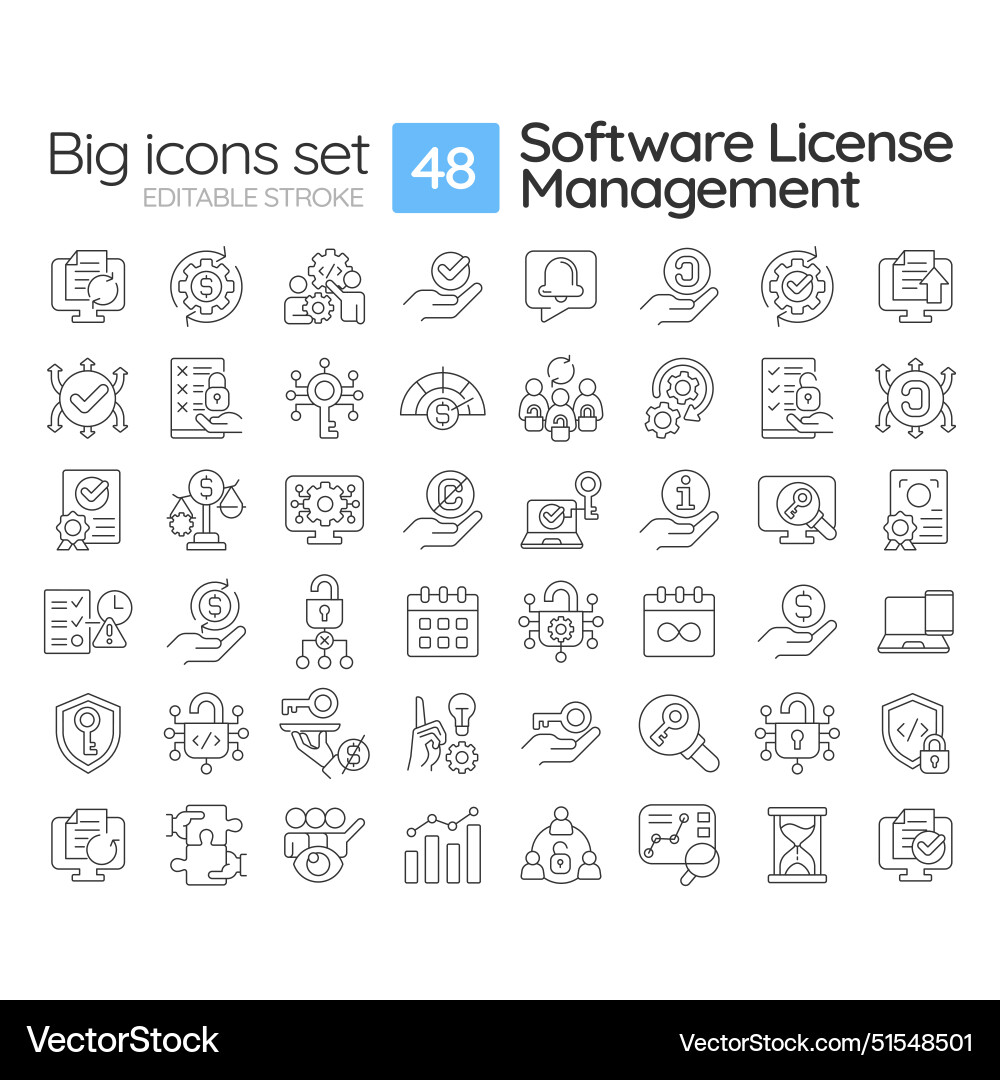 Software license management linear icons set Vector Image