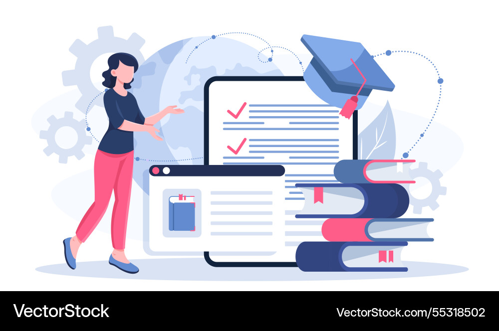 Professional writer online woman near stack Vector Image