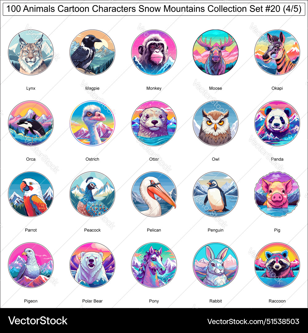100 animals cartoon characters snow mountains Vector Image