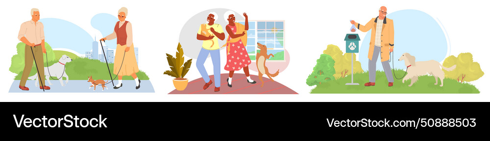 Happy elderly and pet animals activity Royalty Free Vector