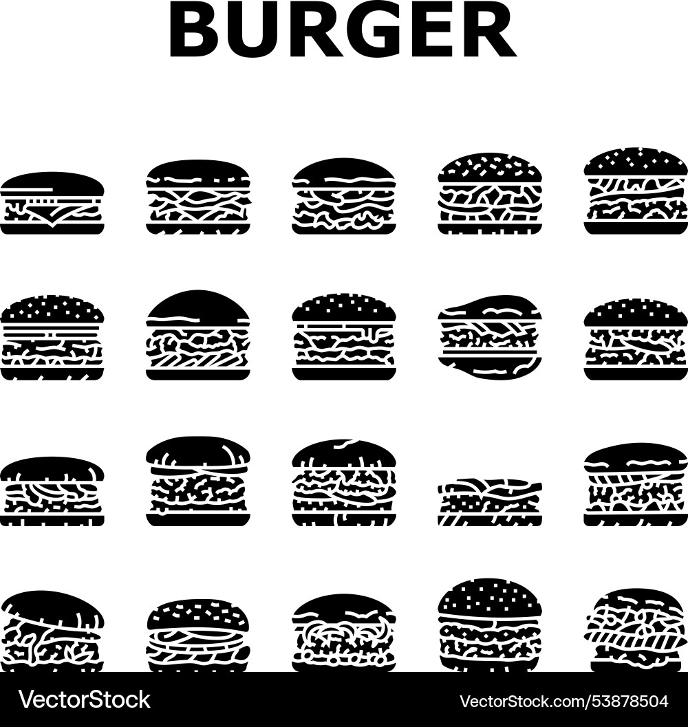 Burger food hamburger bun icons set Royalty Free Vector