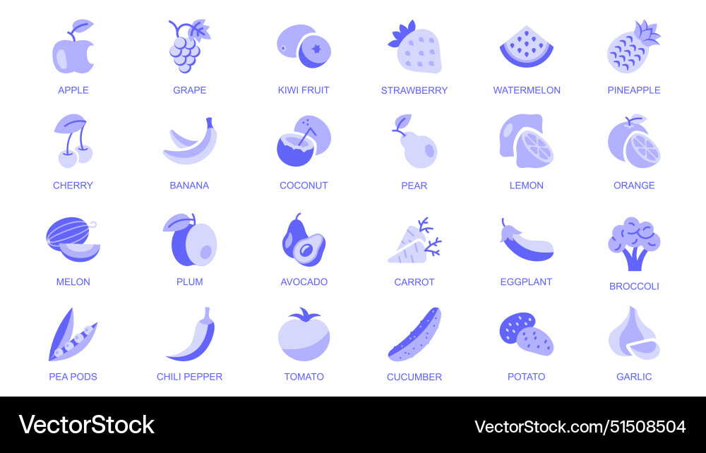 Fruit and vegetable web icons set in duotone flat Vector Image