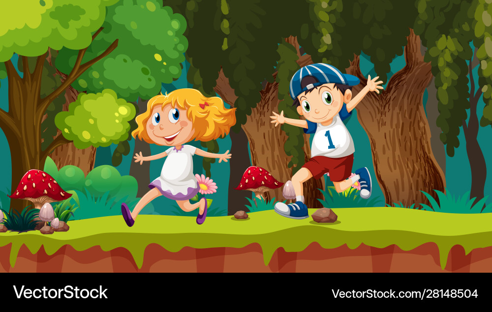 Kids running in woods scene Royalty Free Vector Image