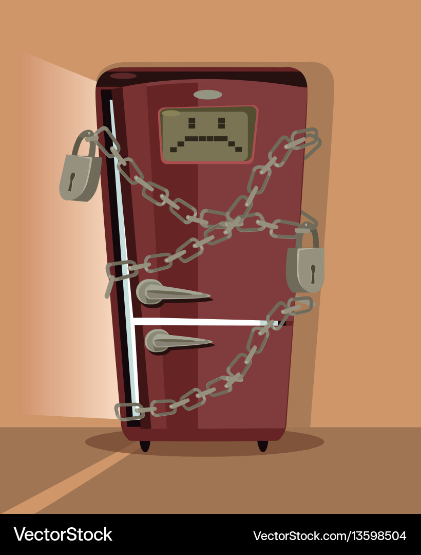 Sad refrigerator character locked with chain Vector Image