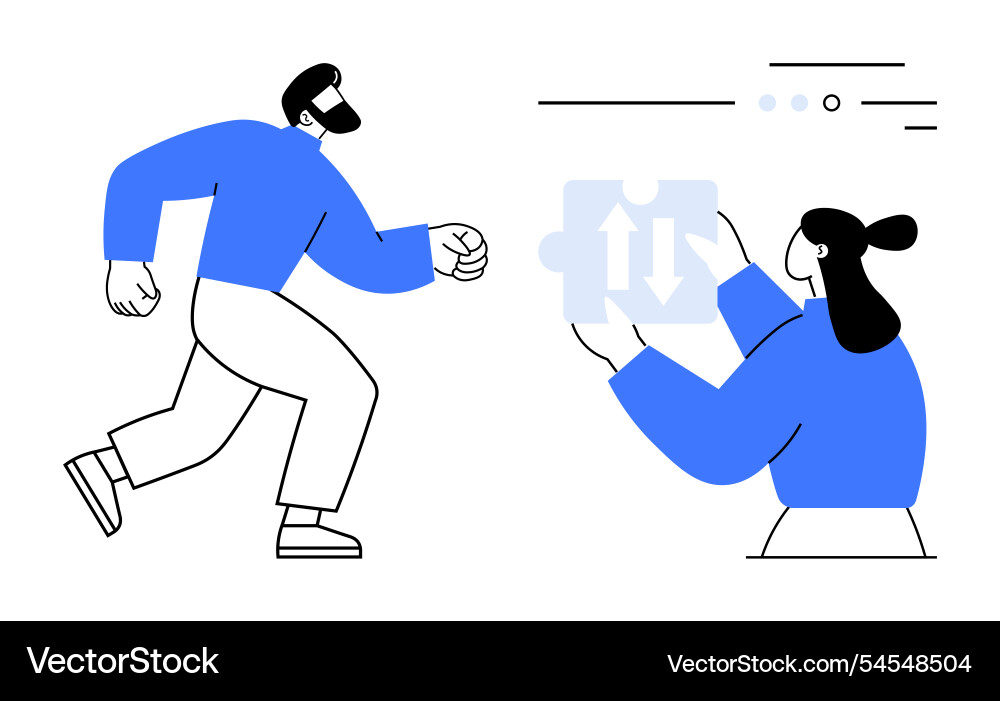 Teamwork concept with two characters collaborating