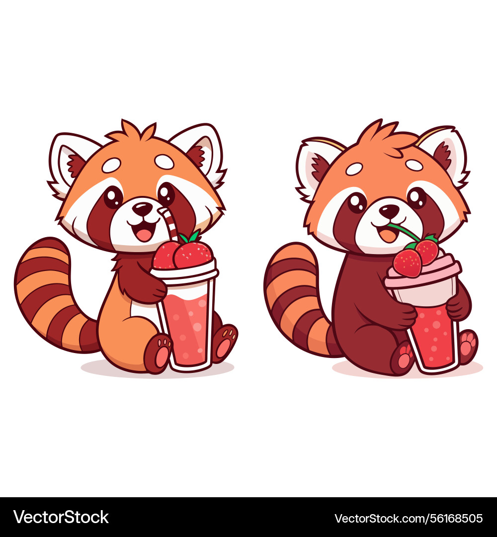 Cute red pandas enjoying strawberry drinks Vector Image