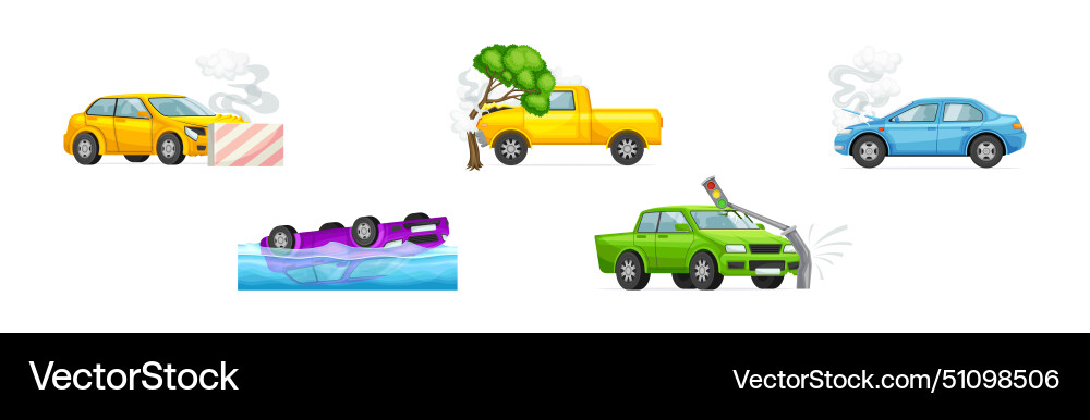 Car crash and accident on the road set Royalty Free Vector
